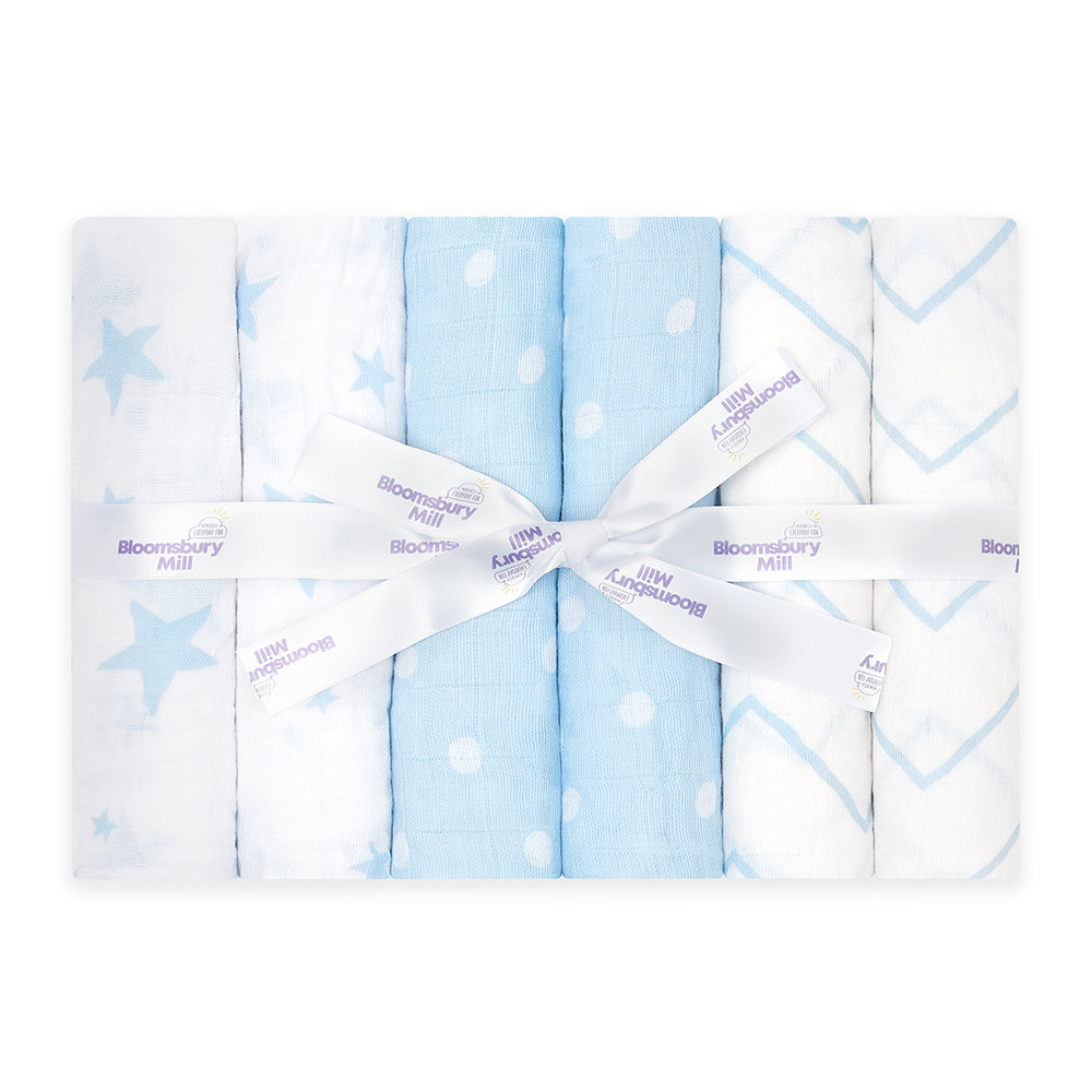 Blue & White Organic Muslin Squares - with gifting ribbon - set of 6 ...